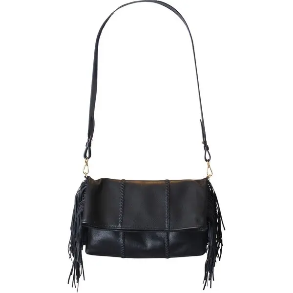 Carlos Falchi Large Fringe Leather Crossbody Messenger - Black