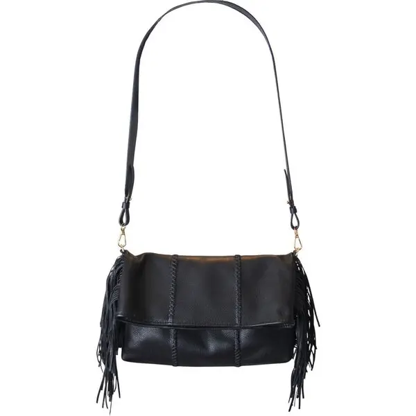 Carlos Falchi Large Fringe Leather Crossbody Messenger - Black