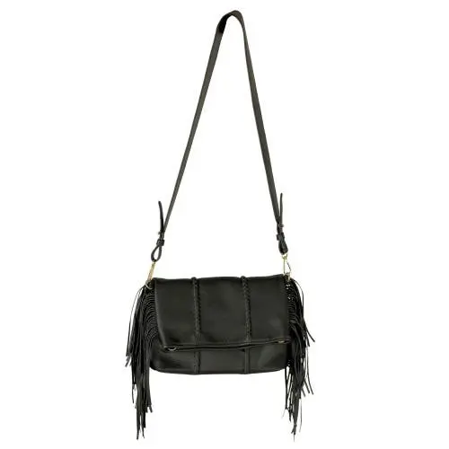 Carlos Falchi Medium Fringe Leather Crossbody Messenger - Black
