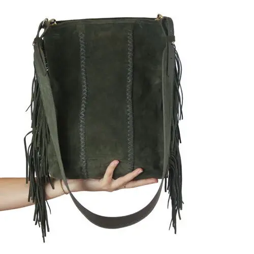 Carlos Falchi Medium Fringe Suede Crossbody Messenger - Olive