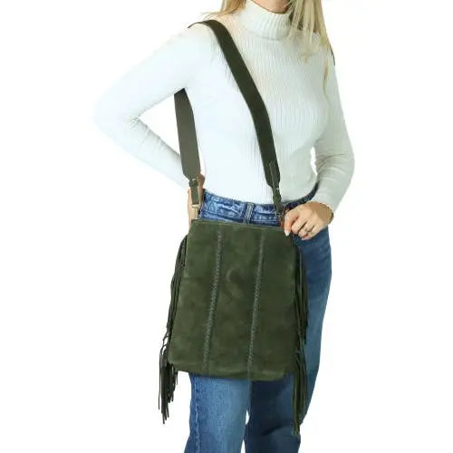 Carlos Falchi Medium Fringe Suede Crossbody Messenger - Olive