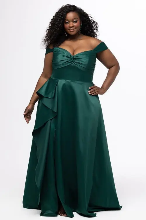 SYDNEY'S CLOSET Simple Satin A-line Dress With Slit - Forest