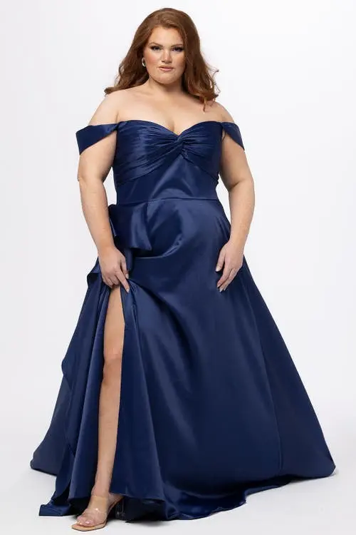SYDNEY'S CLOSET Simple Satin A-line Dress With Slit - Navy
