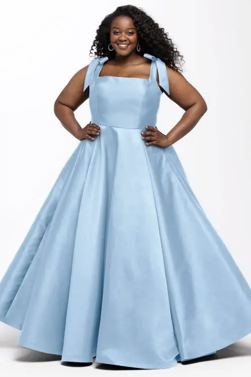 SYDNEY'S CLOSET Satin A-line Formal Gown With Bows - Light Blue