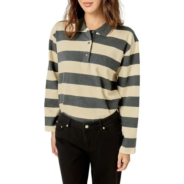 English Factory Striped Ribbed Cotton Blend Polo Shirt - Grey/cream