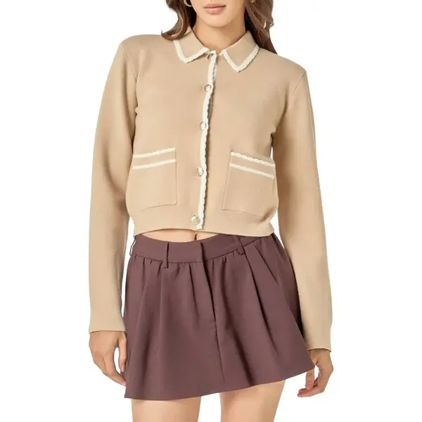 English Factory Scallop Trim Cardigan - Tan/off White