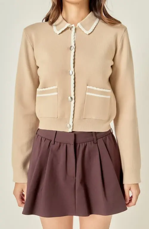 English Factory Scallop Trim Cardigan - Tan/off White