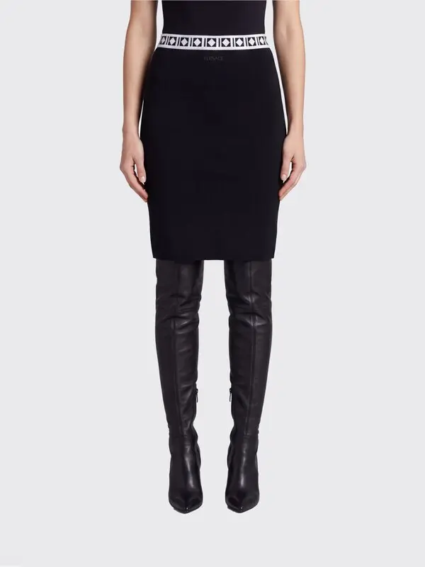 Versace Slim Fit High-waisted Geometric Pencil Midi Skirt - Black
