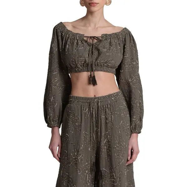 Avec Les Filles Embroidered Puff Sleeve Crop Top