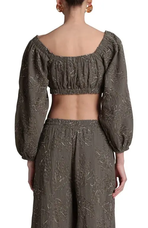 Avec Les Filles Embroidered Puff Sleeve Crop Top