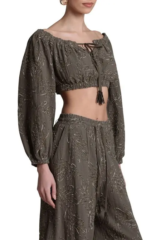 Avec Les Filles Embroidered Puff Sleeve Crop Top