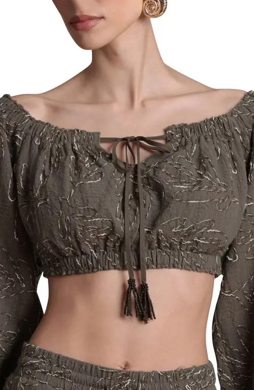 Avec Les Filles Embroidered Puff Sleeve Crop Top