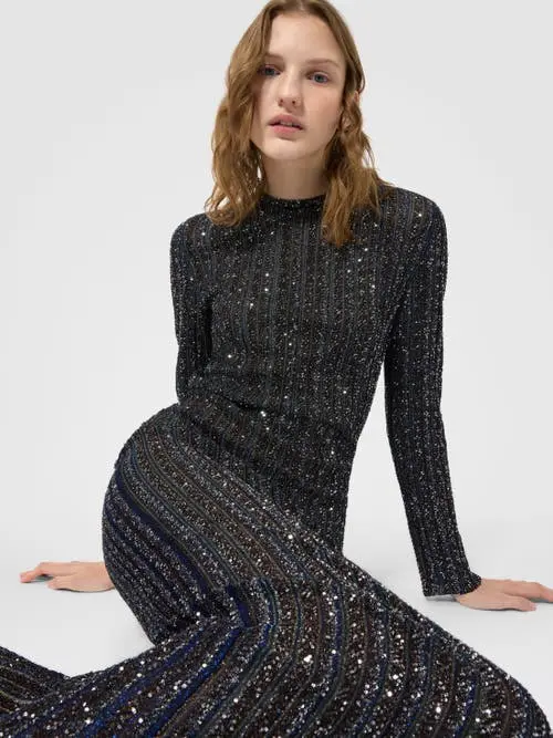 Missoni Long Crewneck Striped Knit Dress With Sequins