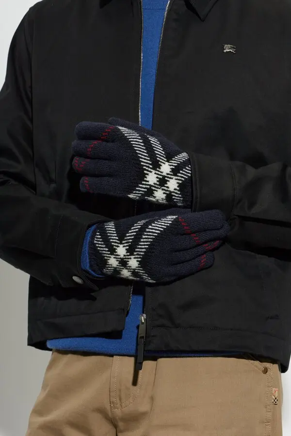 Burberry Navy Cashmere Tartan Gloves - Navy Blue