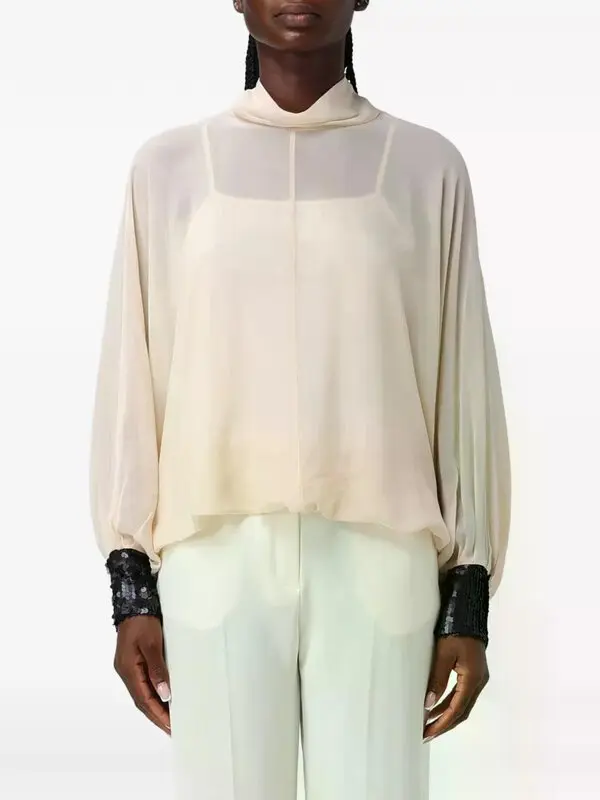 HANITA Sequin-cuff High-neck Top - Neutrals