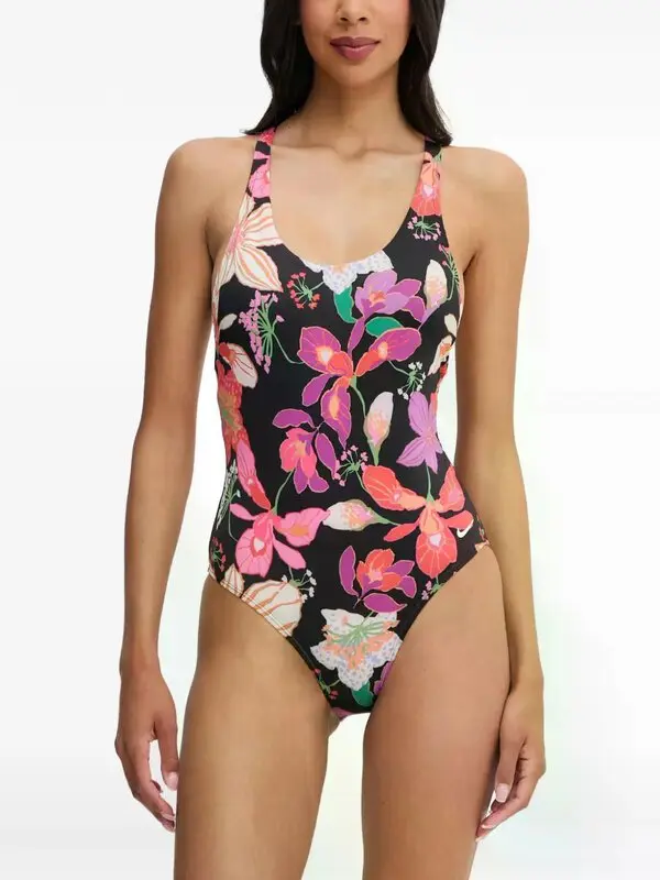 Nike Floral-print Cross-back Swimsuit - Black