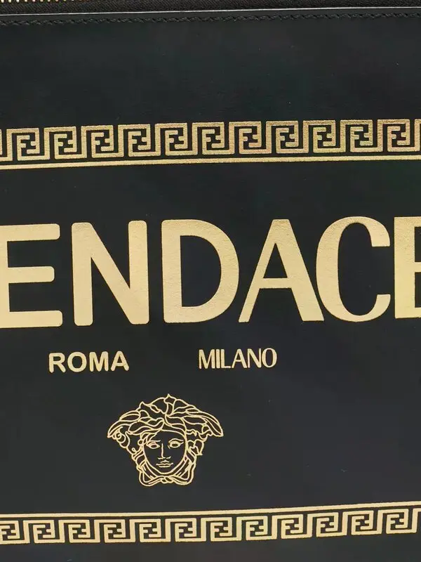 Fendi X Versace Logo Fendace Wristlet Calf Leather Clutch Bag - Black
