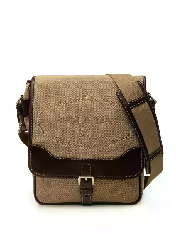 Prada 2010-2026 Leather Trimmed Canvas Canapa Logo Buckle Messenger Bag Crossbody Bag - Neutrals