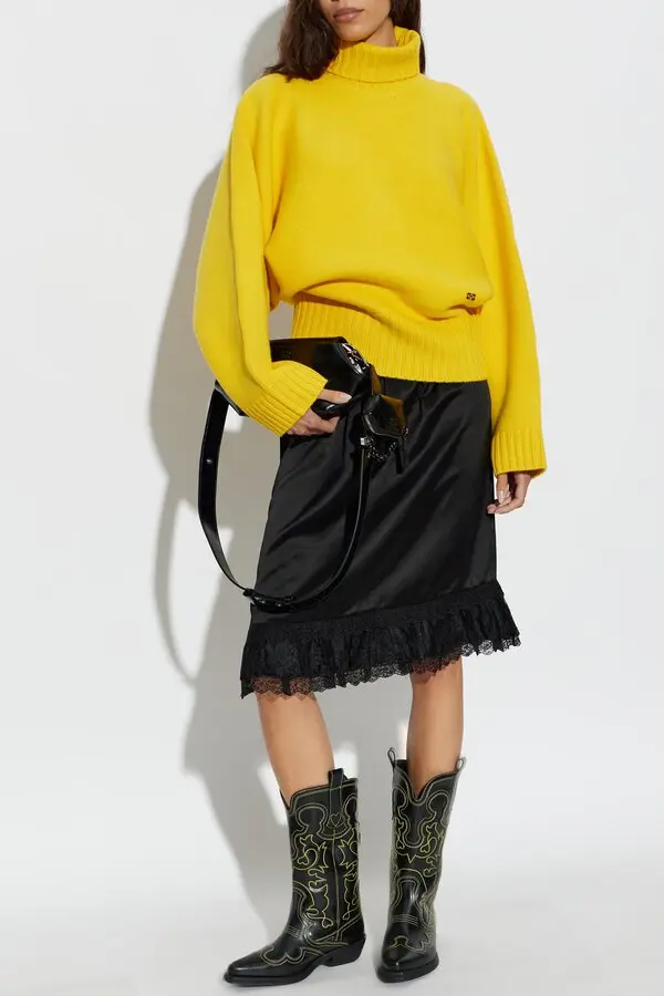 GANNI Satin Skirt With Lace Trim - Black