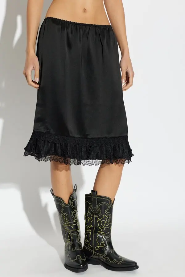 GANNI Satin Skirt With Lace Trim - Black