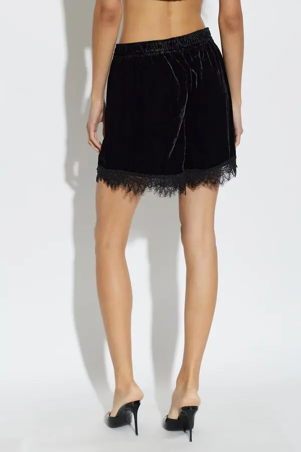 GANNI Velvet Shorts With Lace Trim - Black