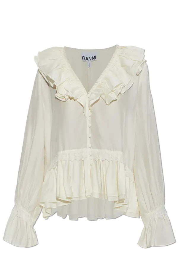 GANNI Satin Top With Ruffles - Cream
