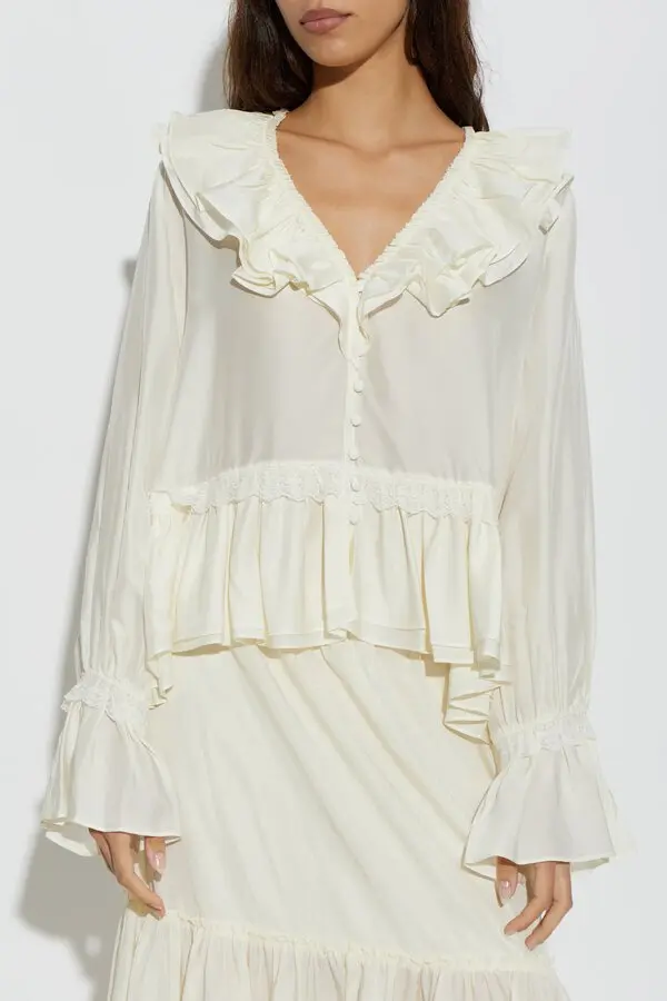 GANNI Satin Top With Ruffles - Cream