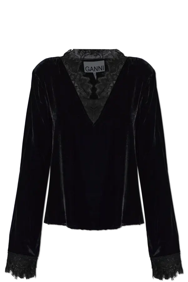 GANNI Velvet Top With Lace Trim