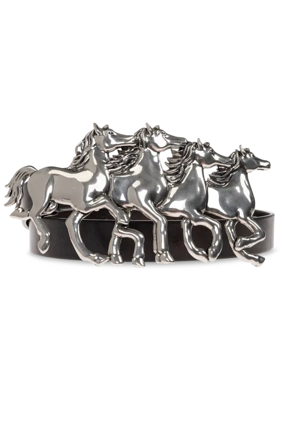 Chloé Wide Leather Belt With Silver Galloping Horses Buckle - Black