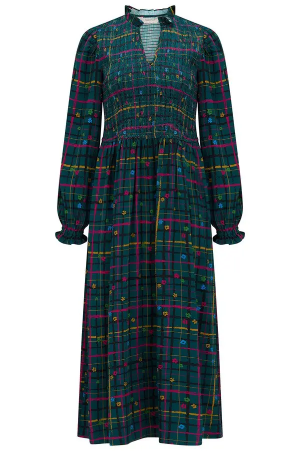 SUGARHILL BRIGHTON Annalee Shirred Midi Dress Teal Check