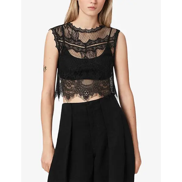 ALLSAINTS Eliza Lace-overlay Cropped Woven Top