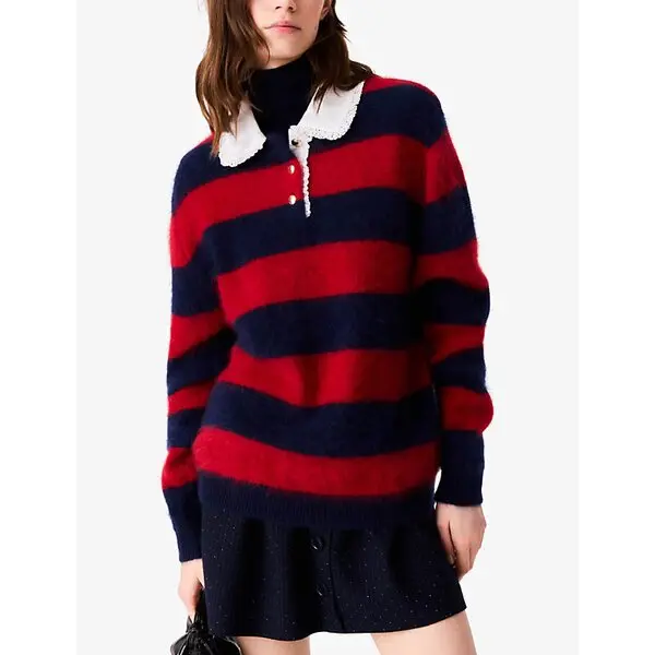 Maje Poplin-collar Striped Wool And Cashmere Jumper