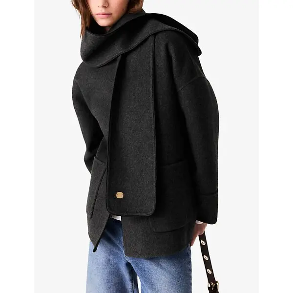 Maje Scarf-detail Boxy-fit Wool-blend Coat - Grey