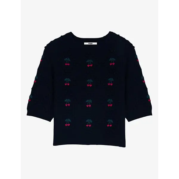 Maje Cherry-embroidered Bobble-knit Wool Jumper