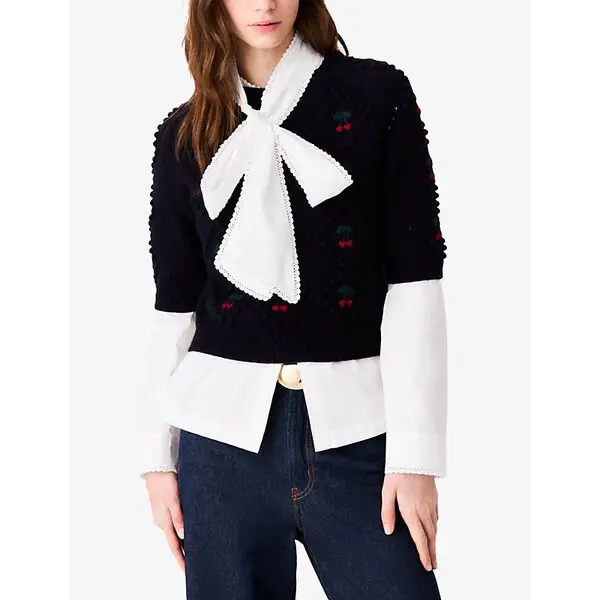 Maje Cherry-embroidered Bobble-knit Wool Jumper