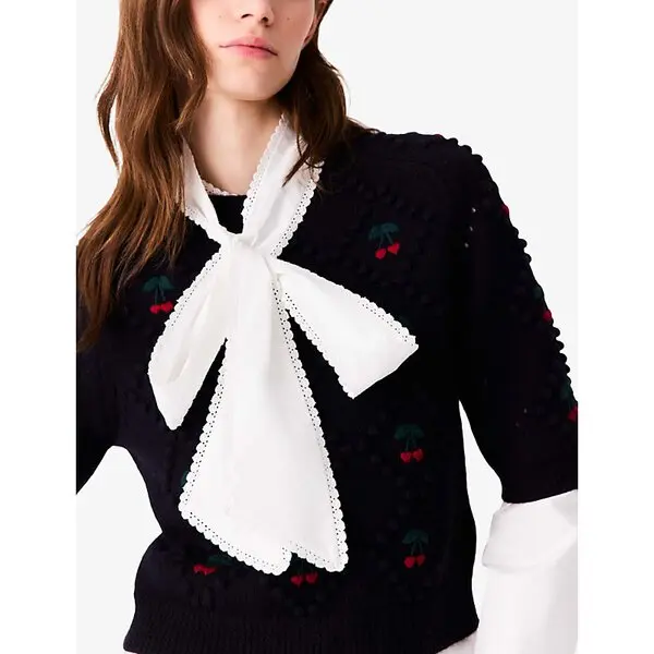Maje Cherry-embroidered Bobble-knit Wool Jumper