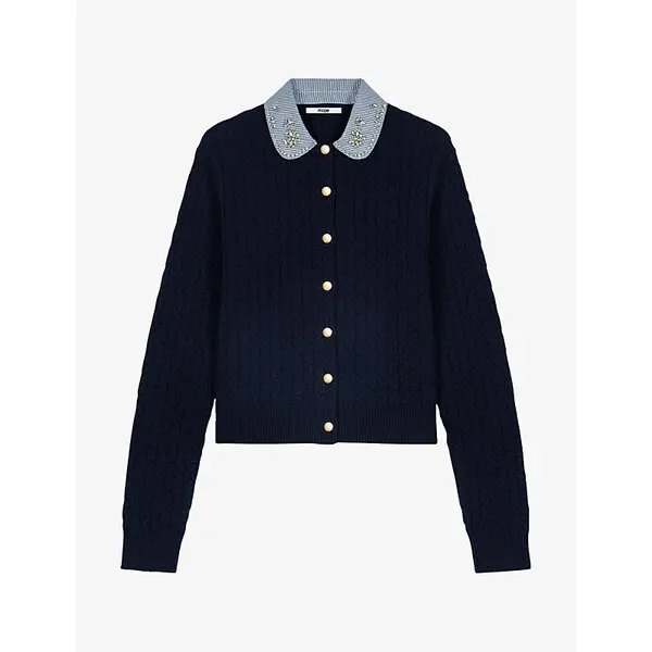 Maje Beaded-collar Button-down Wool And Cashmere Cardigan - Navy