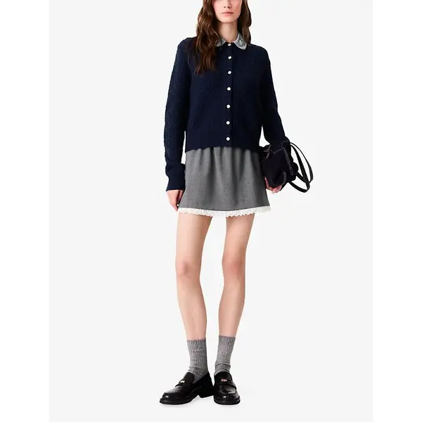 Maje Beaded-collar Button-down Wool And Cashmere Cardigan - Navy