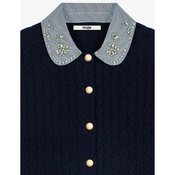 Maje Beaded-collar Button-down Wool And Cashmere Cardigan - Navy