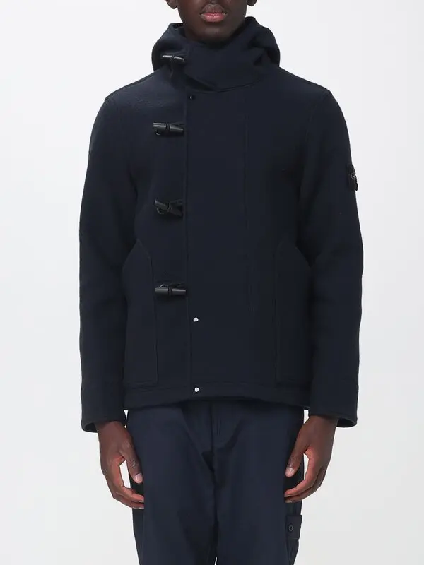 Stone Island Wool Duffle Coat With Hood And Compass Logo - Blue