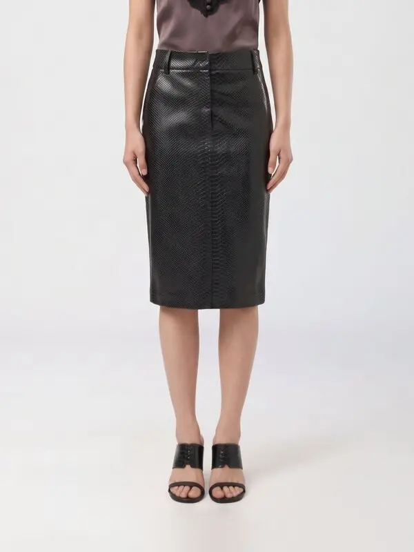 Andamane Asymmetrical Hem Faux Leather Midi Pencil Skirt