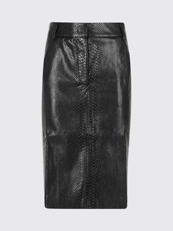 Andamane Asymmetrical Hem Faux Leather Midi Pencil Skirt