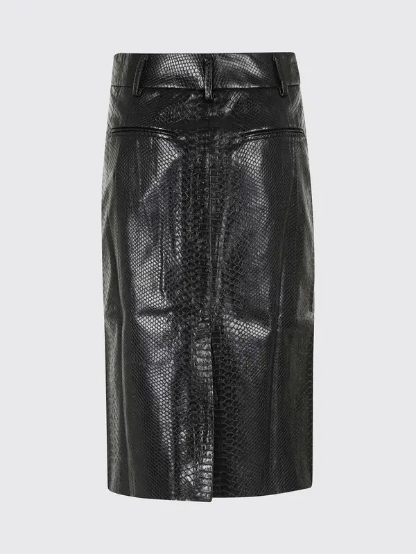 Andamane Asymmetrical Hem Faux Leather Midi Pencil Skirt