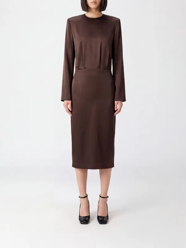 Federica Tosi Long-sleeved Satin Midi Sheath Dress - Brown