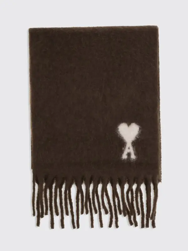 AMI Paris Alpaca Wool Scarf With Printed Logo And Fringed Edges - Brown