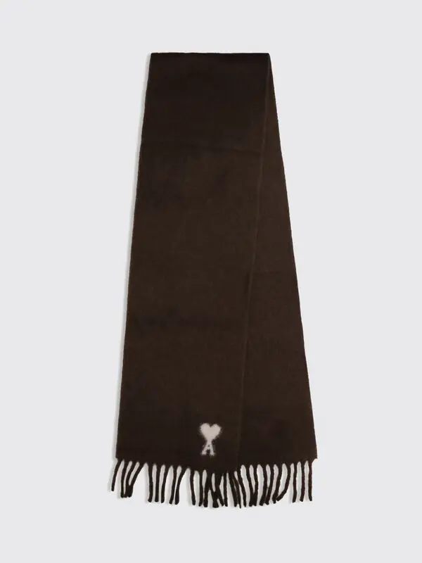 AMI Paris Alpaca Wool Scarf With Printed Logo And Fringed Edges - Brown