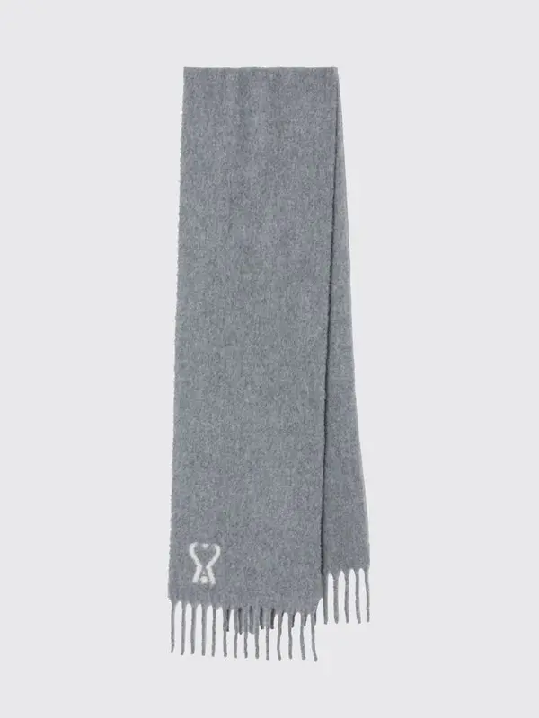 AMI Paris Alpaca Wool Scarf With Printed Logo And Fringed Edges - Grey