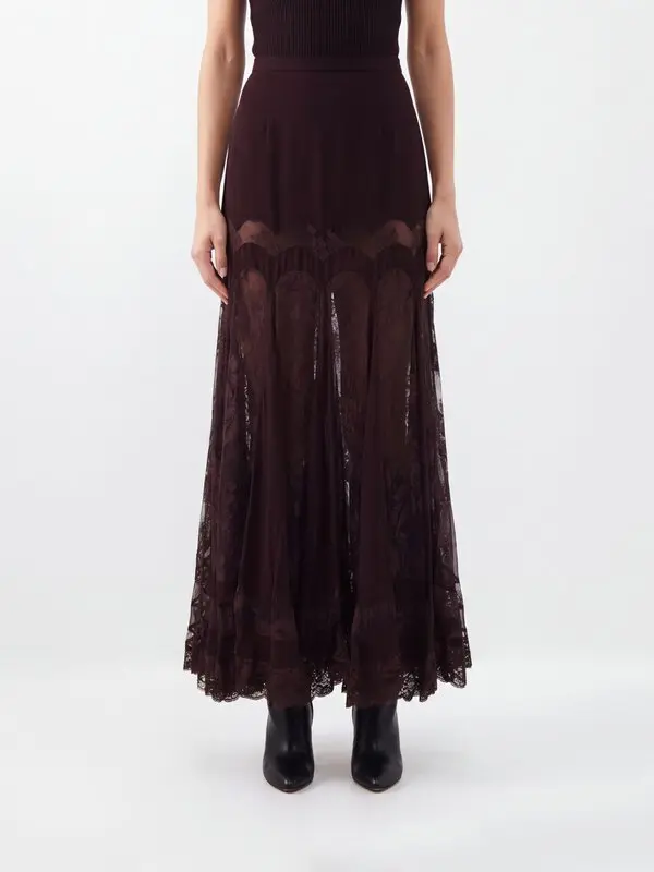 Zimmermann High-waisted Silk Crêpe Long Skirt With Lace Inserts - Brown