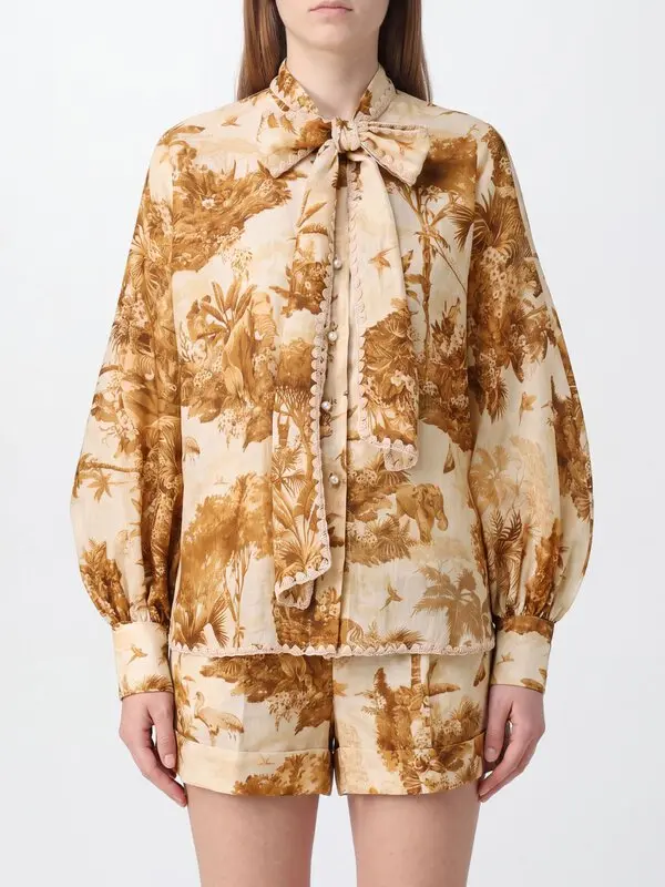 Zimmermann Printed Ramie Blouse With Balloon Sleeves And Pussy-bow Collar