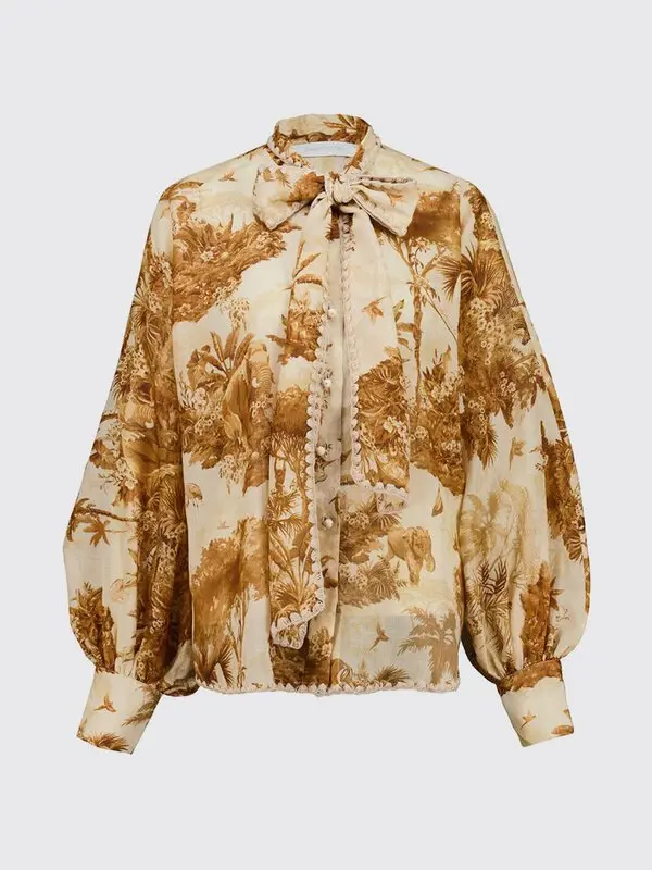 Zimmermann Printed Ramie Blouse With Balloon Sleeves And Pussy-bow Collar